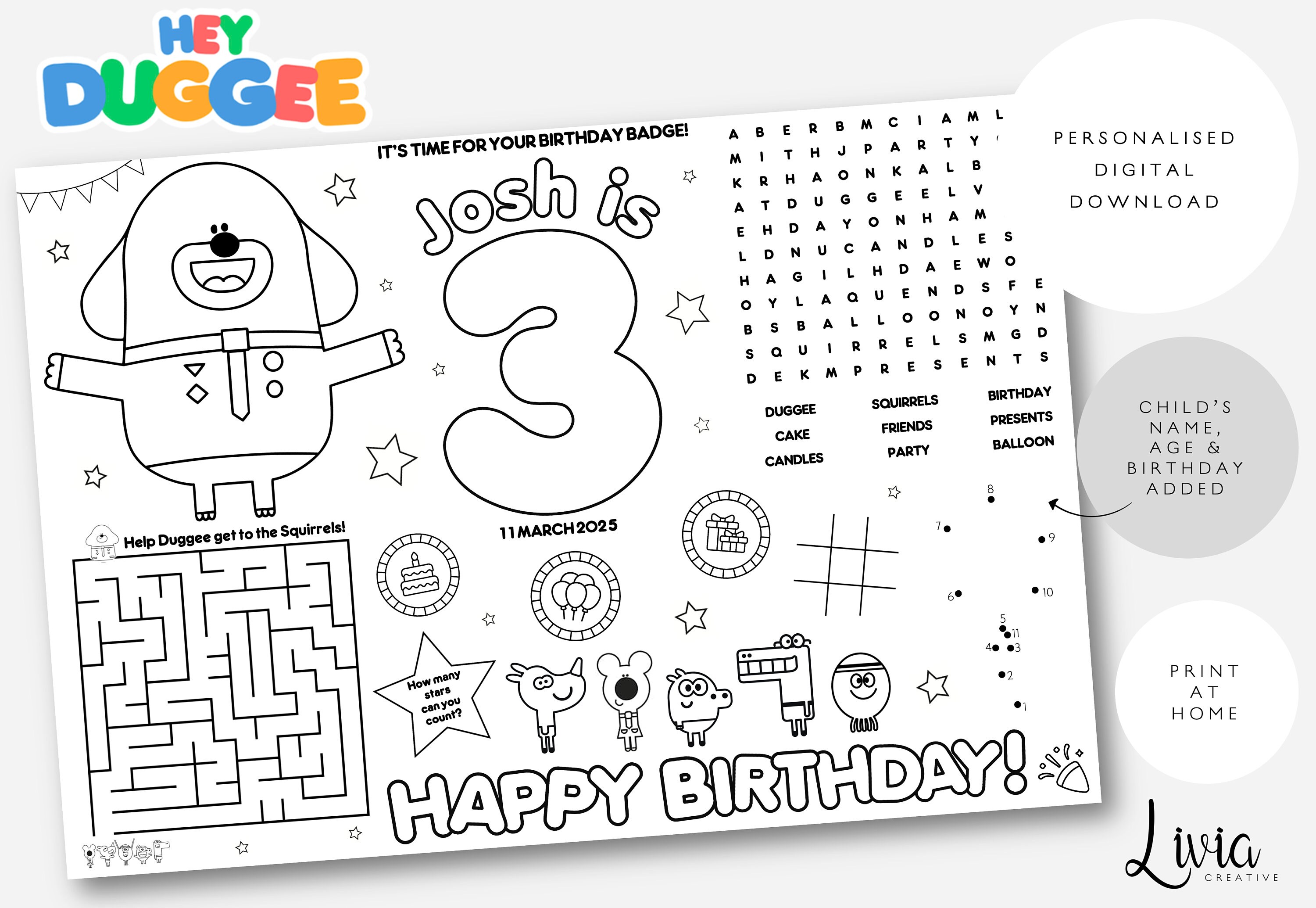 Personalised Hey Duggee Activity Sheet Children's Birthday Party ...