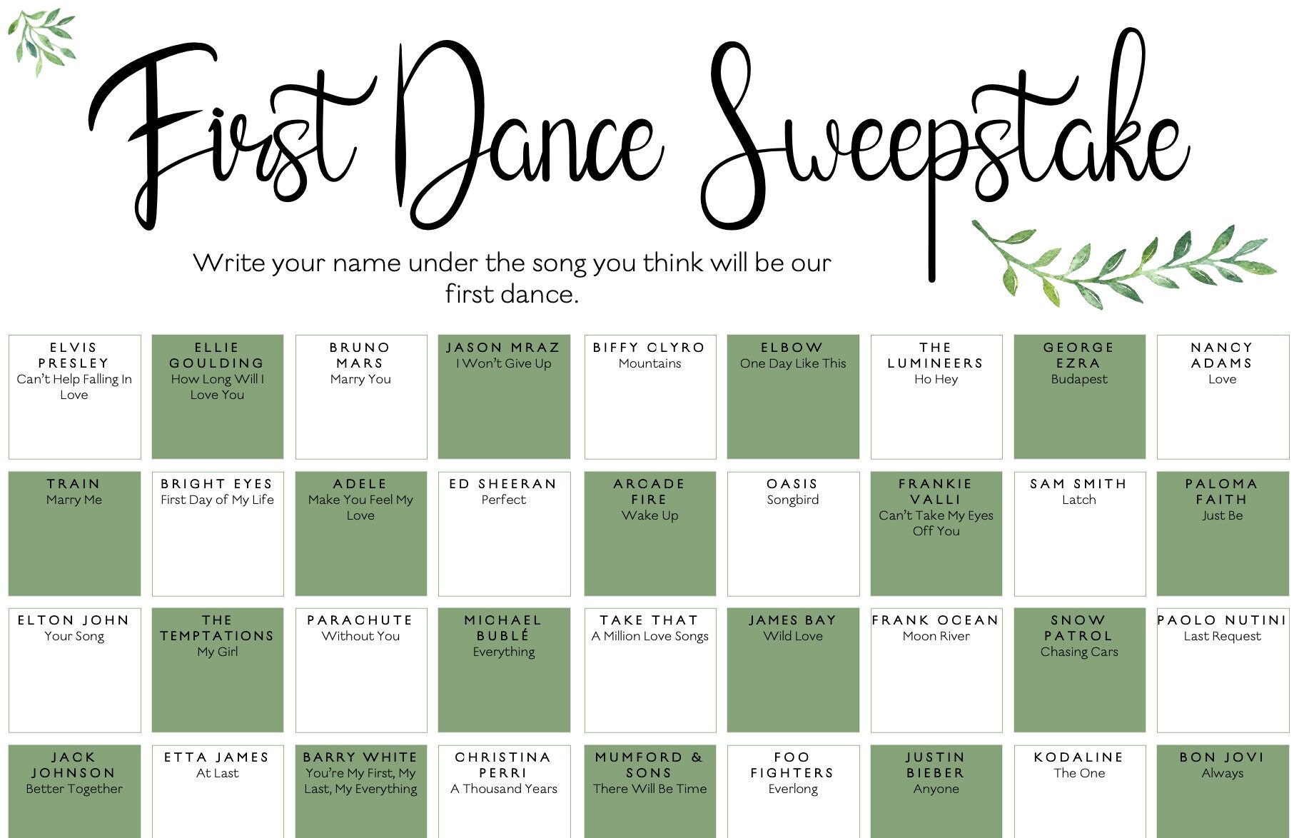 Personalised First Dance Sweepstake With 99 Songs Wedding Activity ...