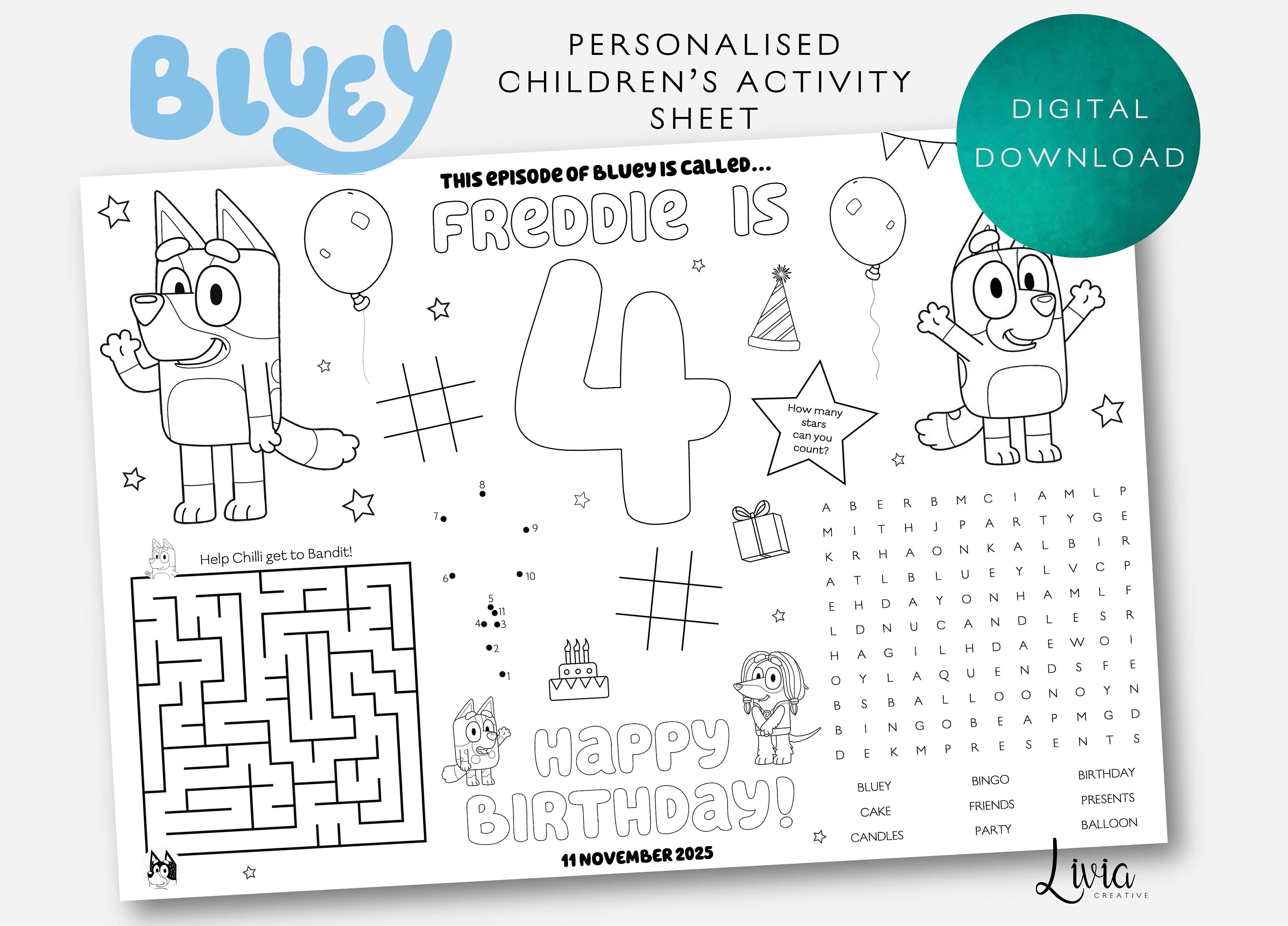 Personalised Bluey Activity Sheet Children's Birthday Party Digital ...