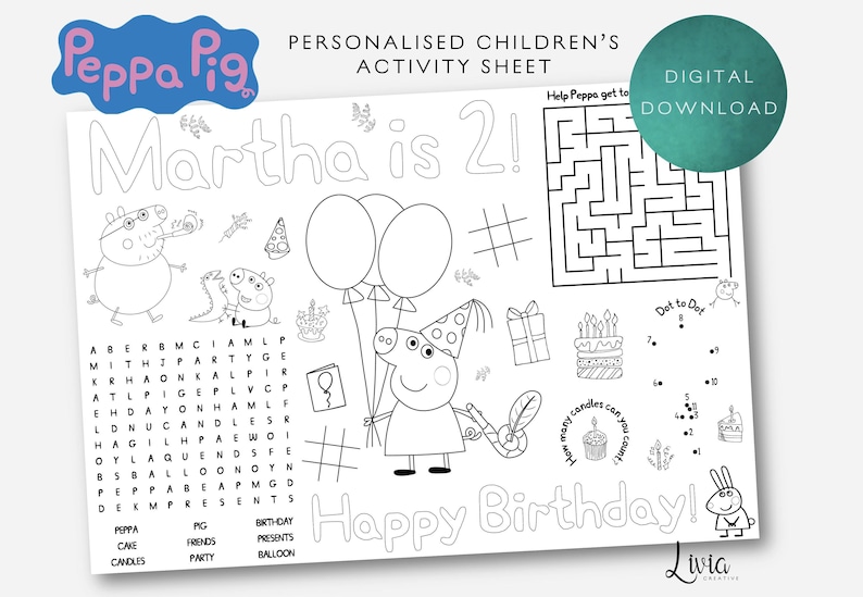 Personalised Peppa Pig Activity Sheet - Children's Birthday Party ...