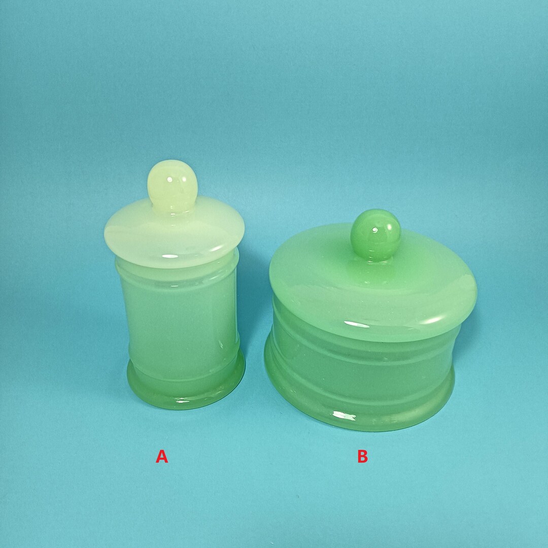 2 Vintage Lidded Green Jadeite Glass Boxes/jars/containers/candy Boxes ...