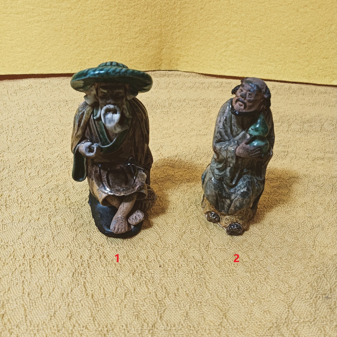 2 Chinese Antique Handmade Shekwan Shiwan Clay Pottery Mud Man ...