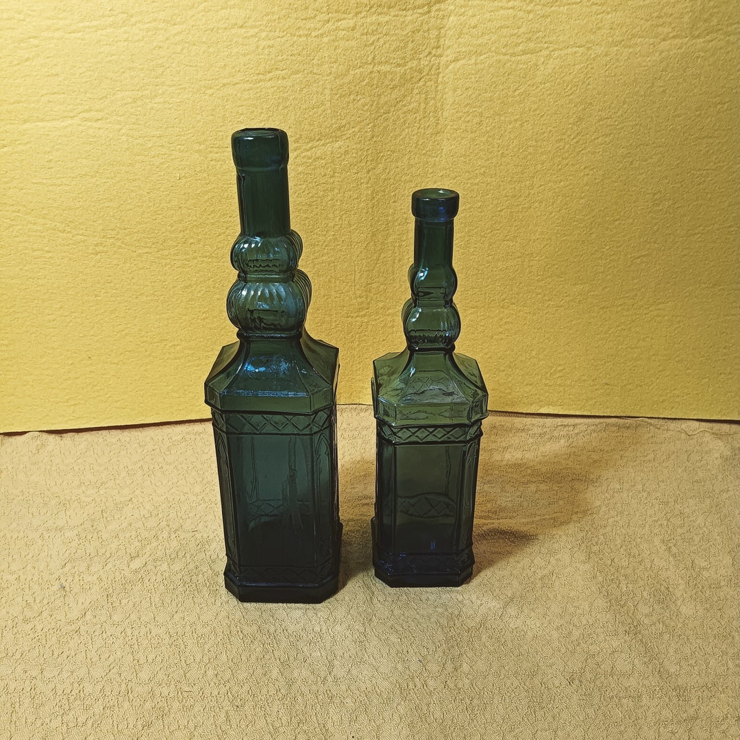 2 Vintage Cobalt Blue Square Glass Bottles Wine Decanter Embossed ...