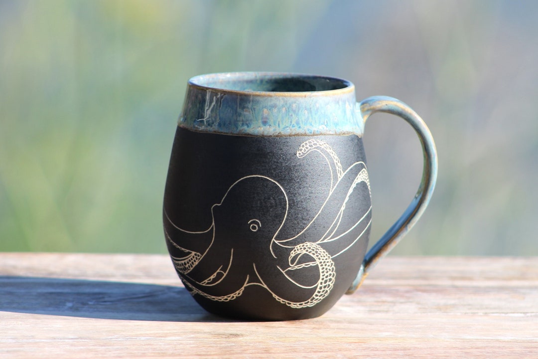Handmade Carved Ceramic Mug | Octopus | Wheel Thrown Stoneware ...