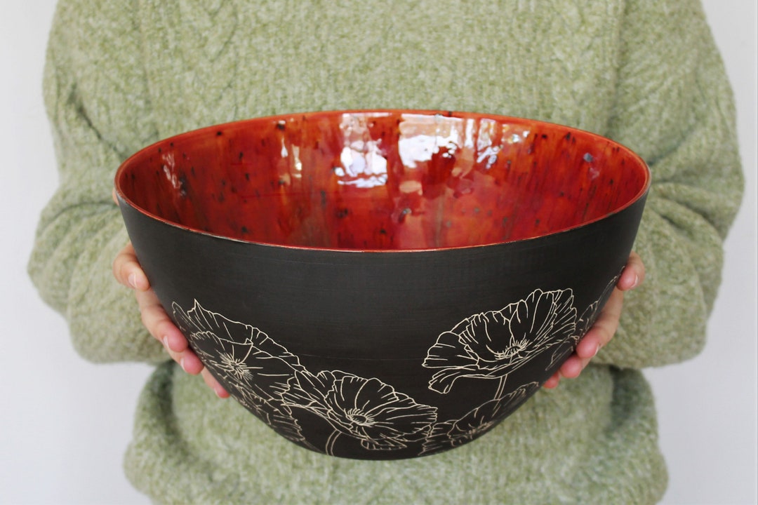 Handmade Carved Ceramic Serving Bowl Poppy Wheel Thrown Stoneware ...