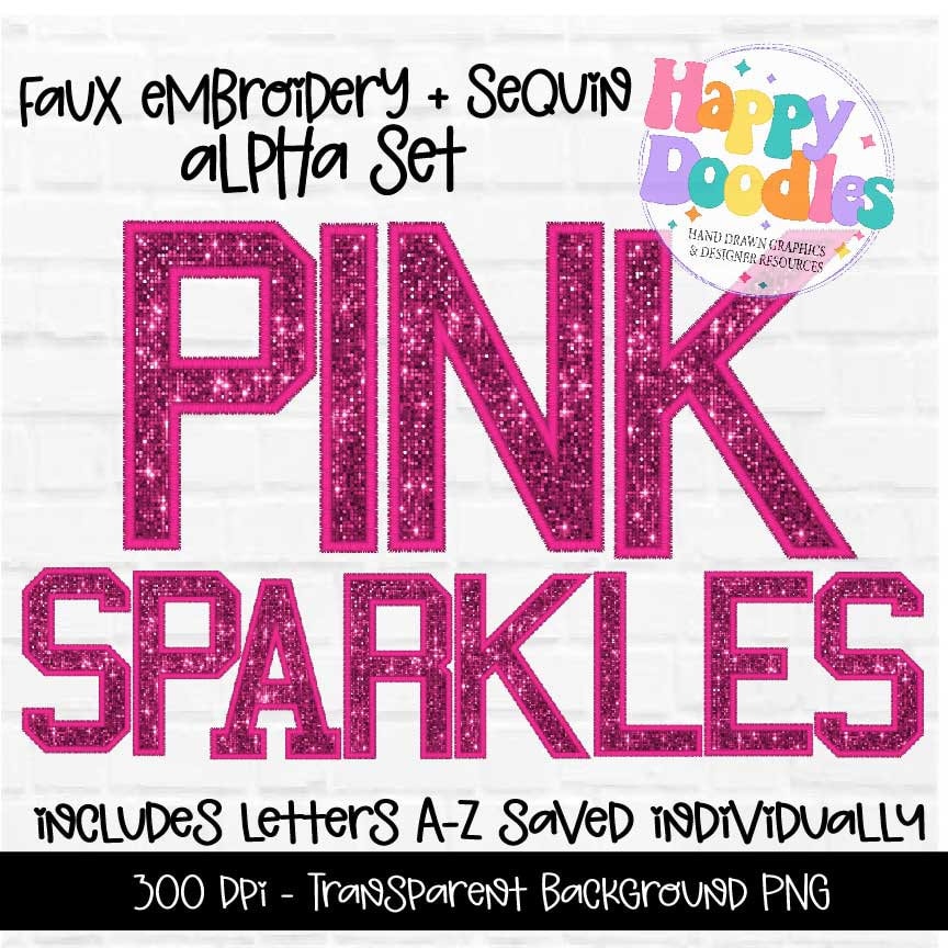Pink Faux Embroidery Sequin Letters Bundle, Full PNG Alpha Set, Sparkle ...