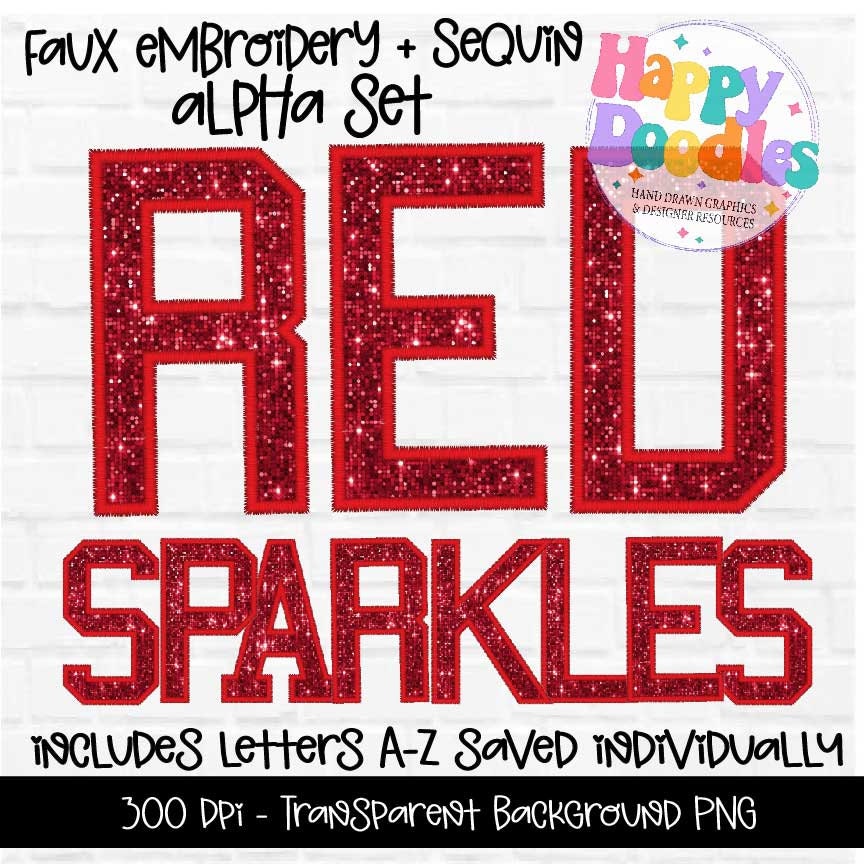 Red Faux Embroidery Sequin Letters Bundle, Full PNG Alpha Set, Sparkle ...