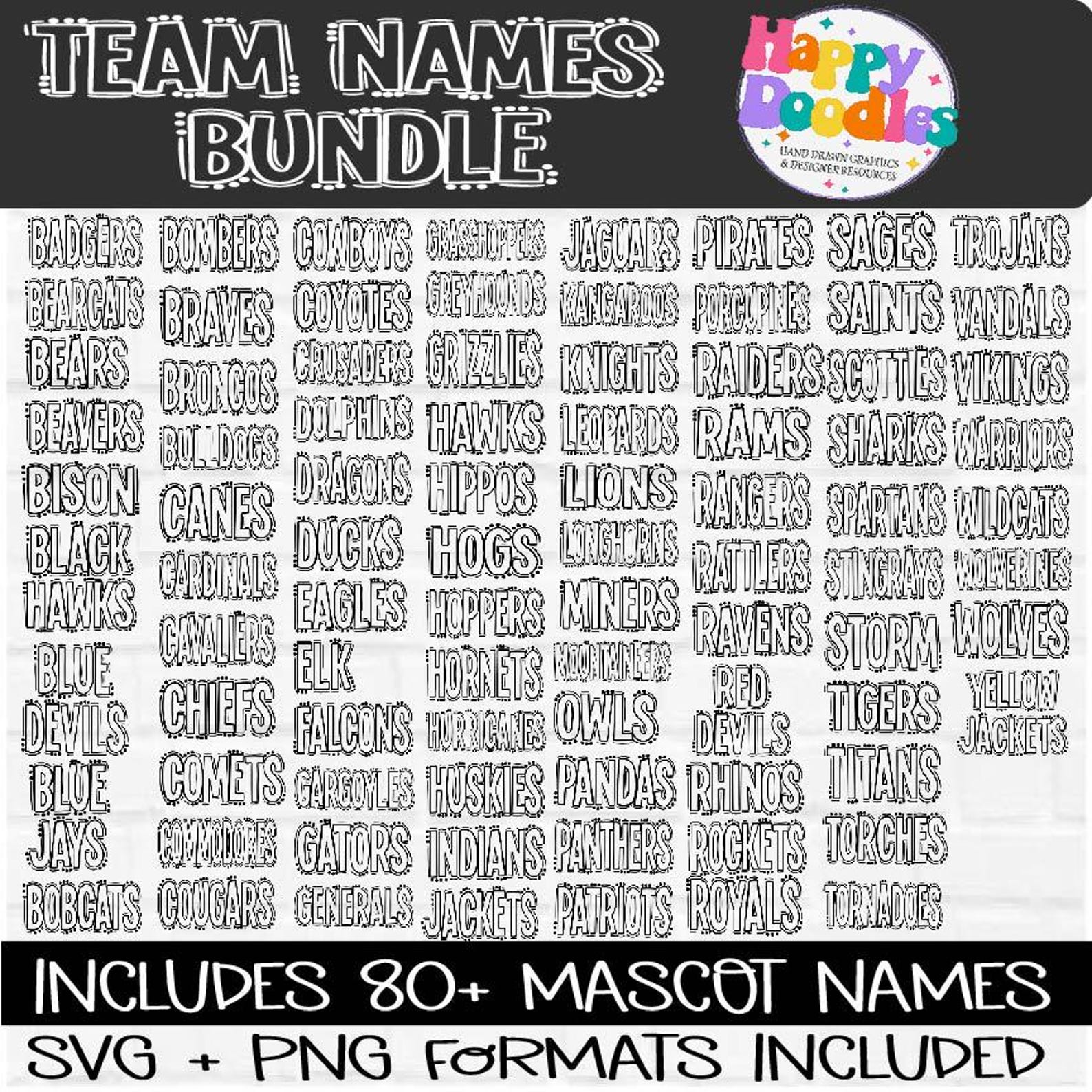 Go Team Doodle Font Team Name Bundle, Includes 66 Team Names, Font With ...