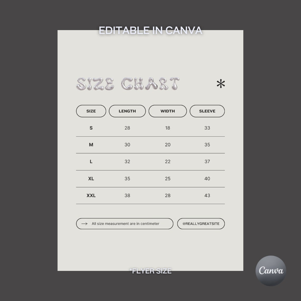 Editable Size Chart Template With Chrome Bubble Letters Canva ...