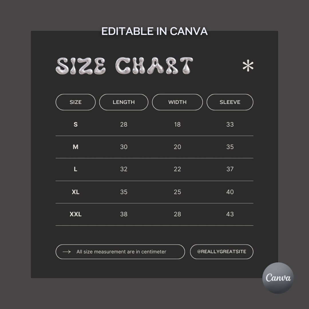 Editable Size Chart Template With Chrome Bubble Letters Canva ...