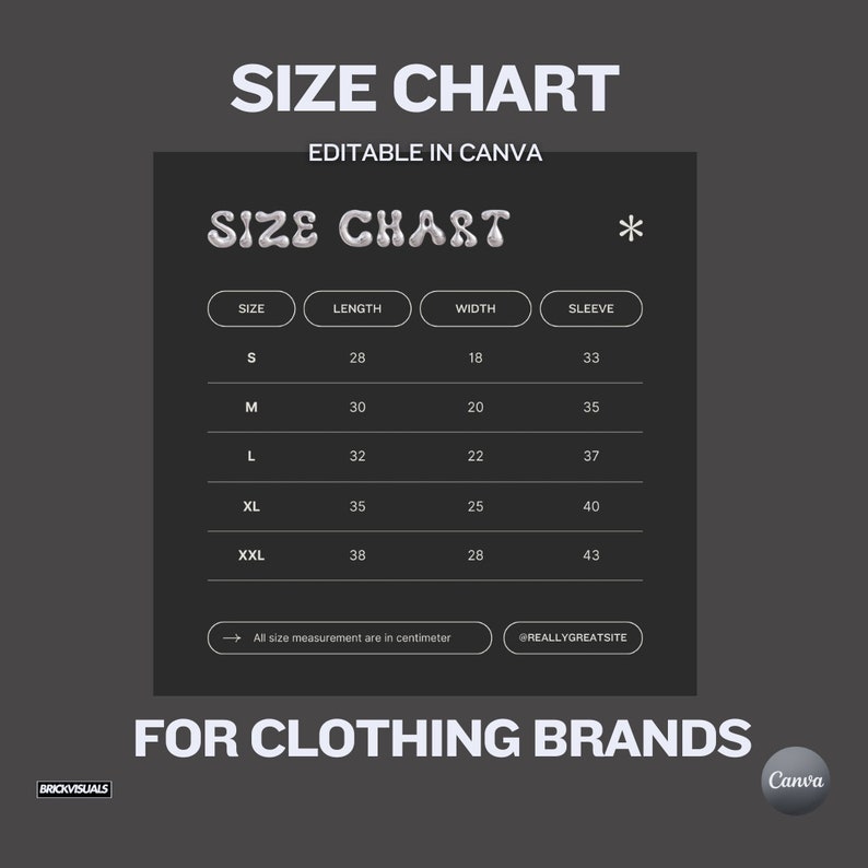 Editable Size Chart Template With Chrome Bubble Letters Canva ...
