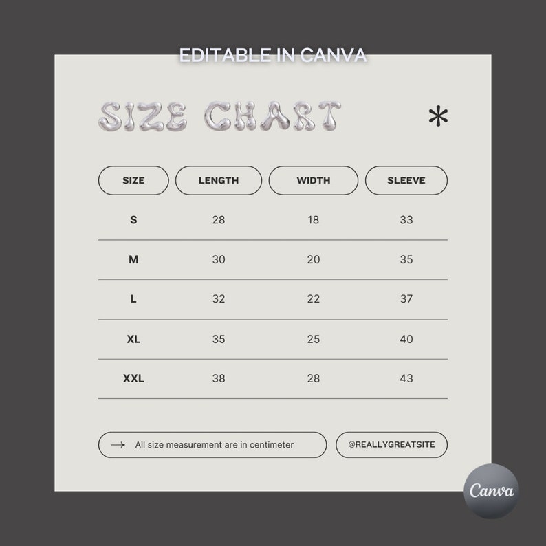 Editable Size Chart Template With Chrome Bubble Letters Canva ...