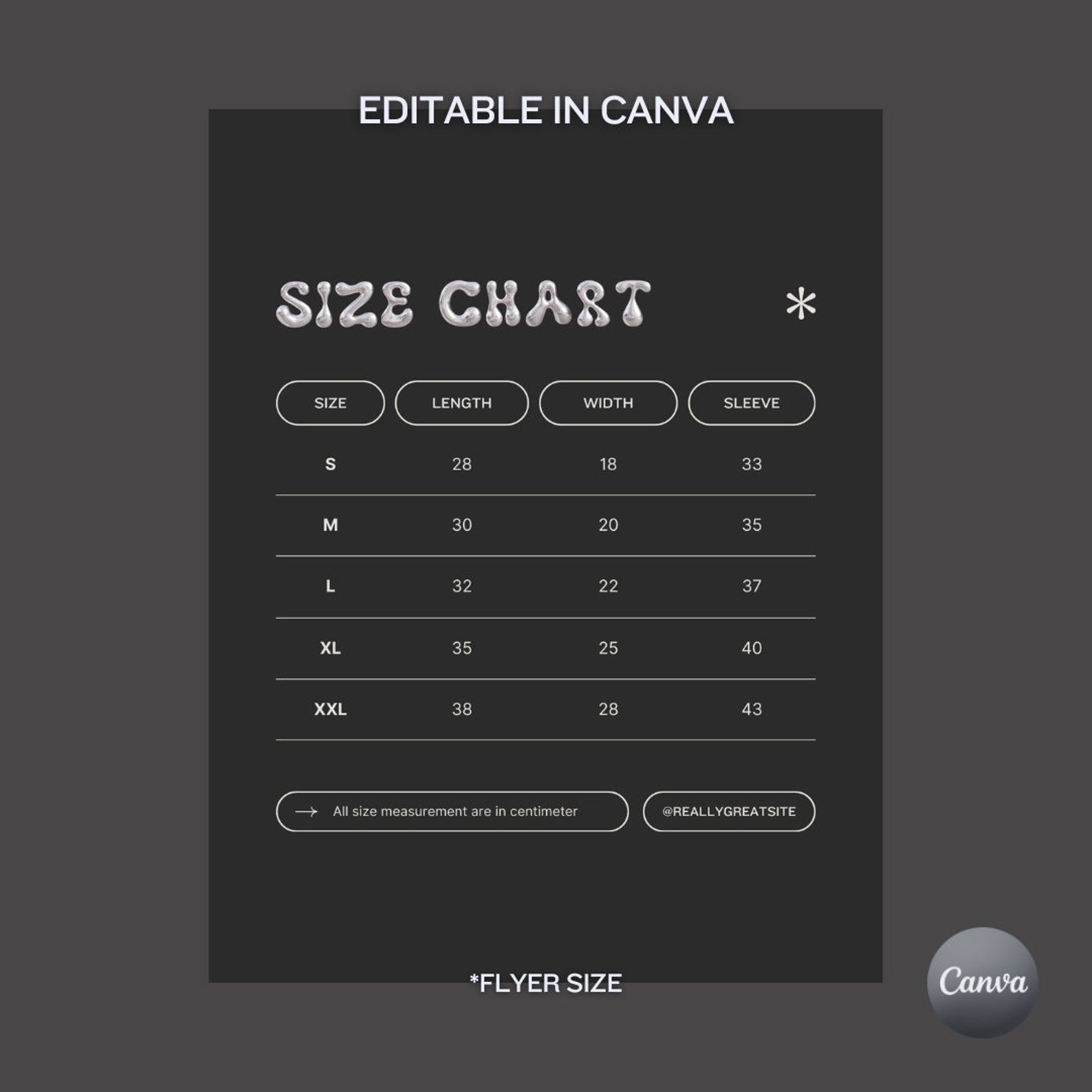 Editable Size Chart Template With Chrome Bubble Letters Canva ...