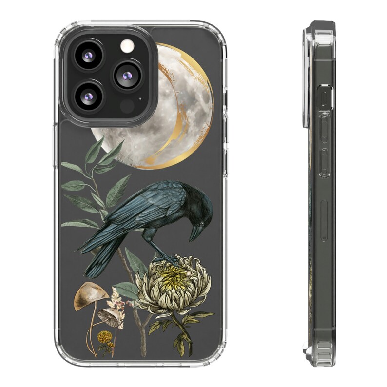 Crow Full Moon Botanical Mushroom Clear Case for iPhone or Galaxy ...