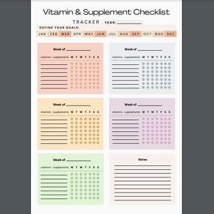 Colorful Vitamin & Supplement Tracker Checklist EXTRA 2PG CHEAT SHEET ...