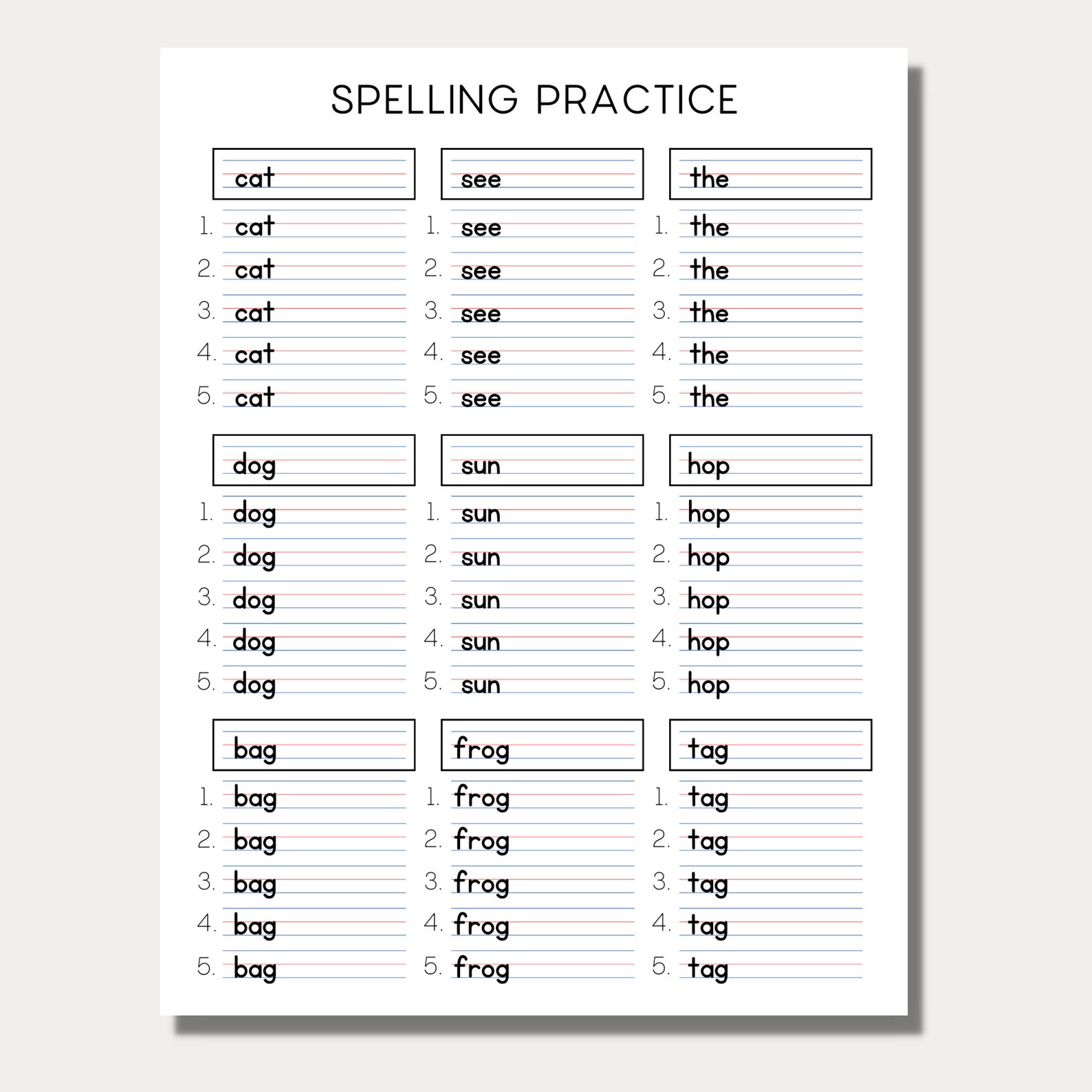 Spelling Word and Writing/handwriting Practice Sheet With Guidelines ...