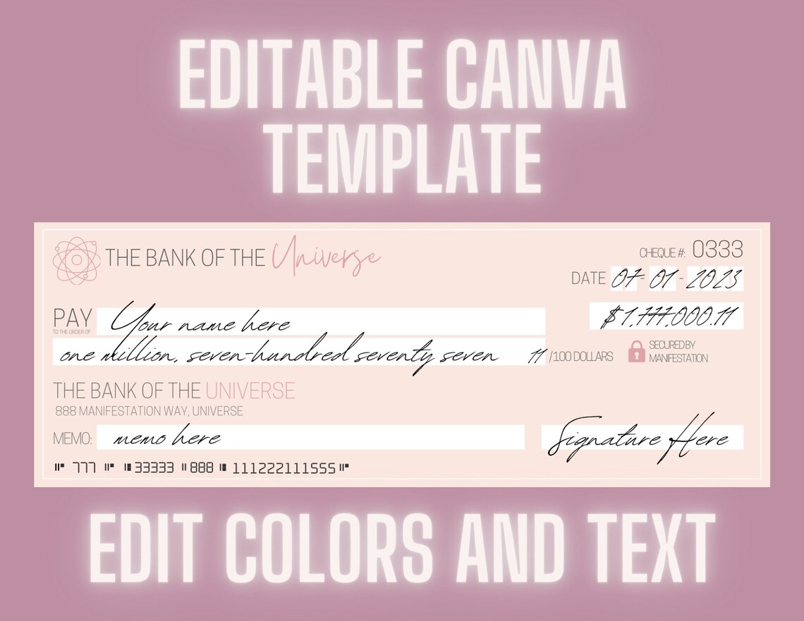 Manifestation Cheque Template - Editable Canva Template for ...