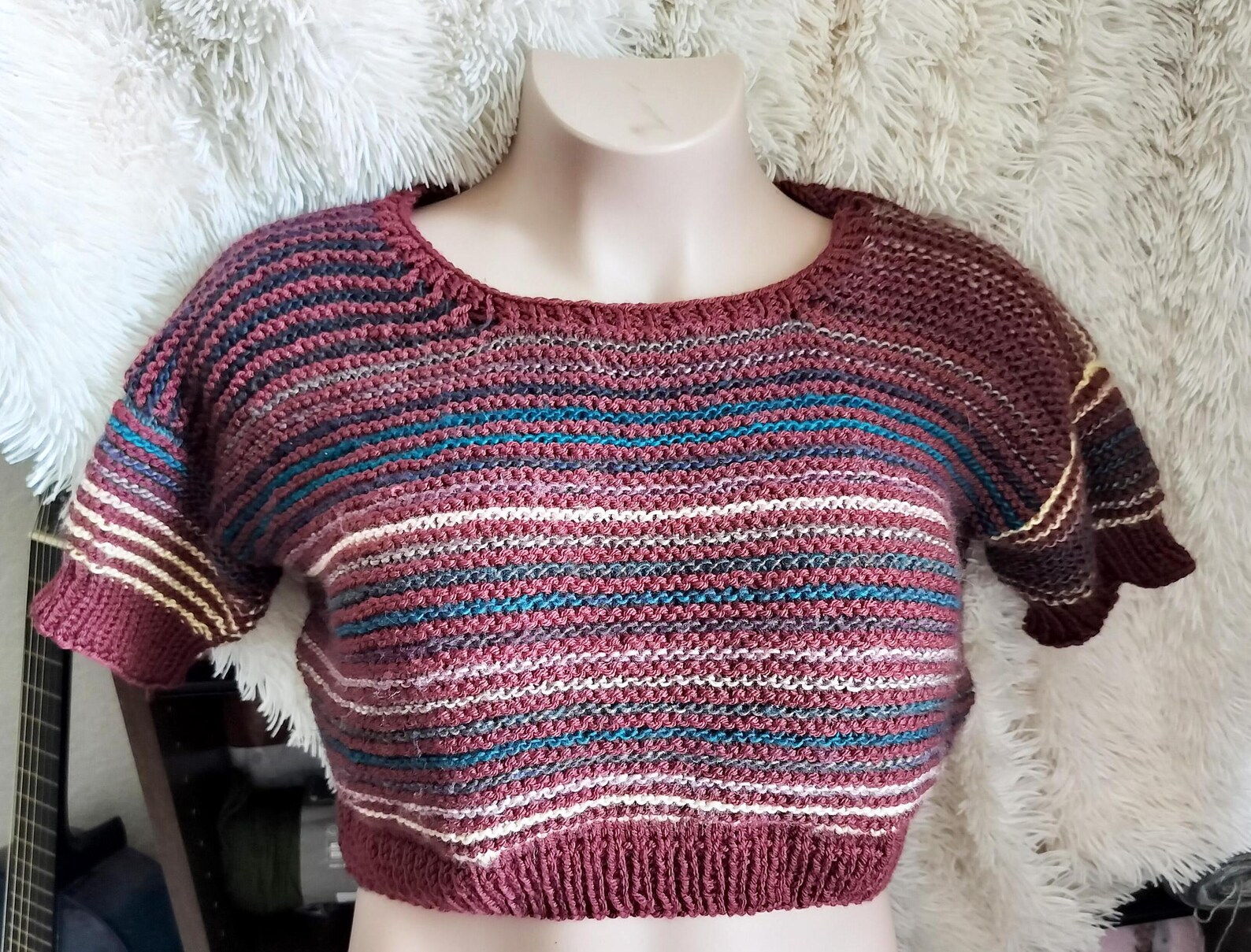 Red Short Sleeve Cropped Sweater, Chunky Knit Sweater, Textured Knit ...