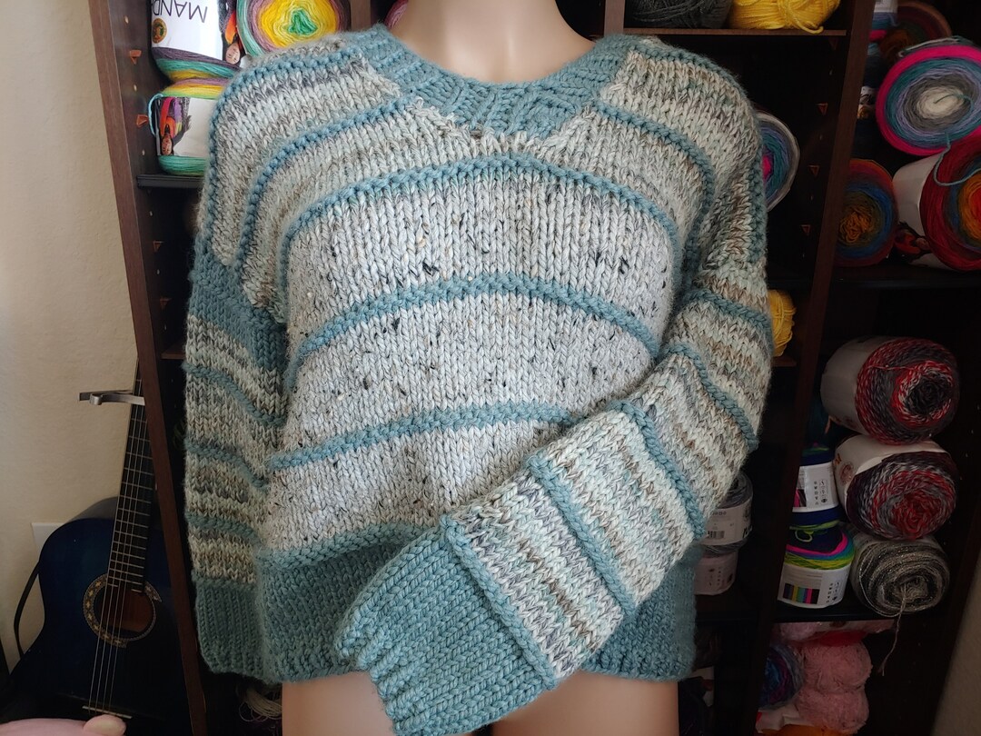 Nantucket Super Chunky Striped Knit Sweater in Seafoam and Gray XL - Etsy