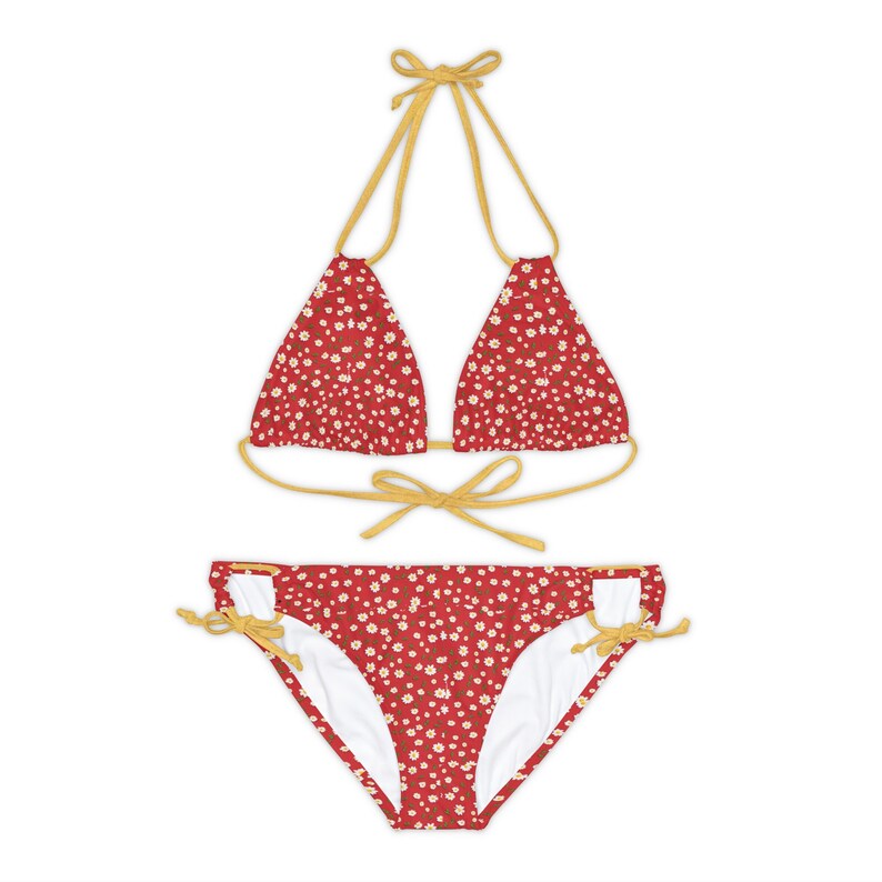 Red Ditsy Floral String Bikini Swimsuit Triangle Bikini Set Summer
