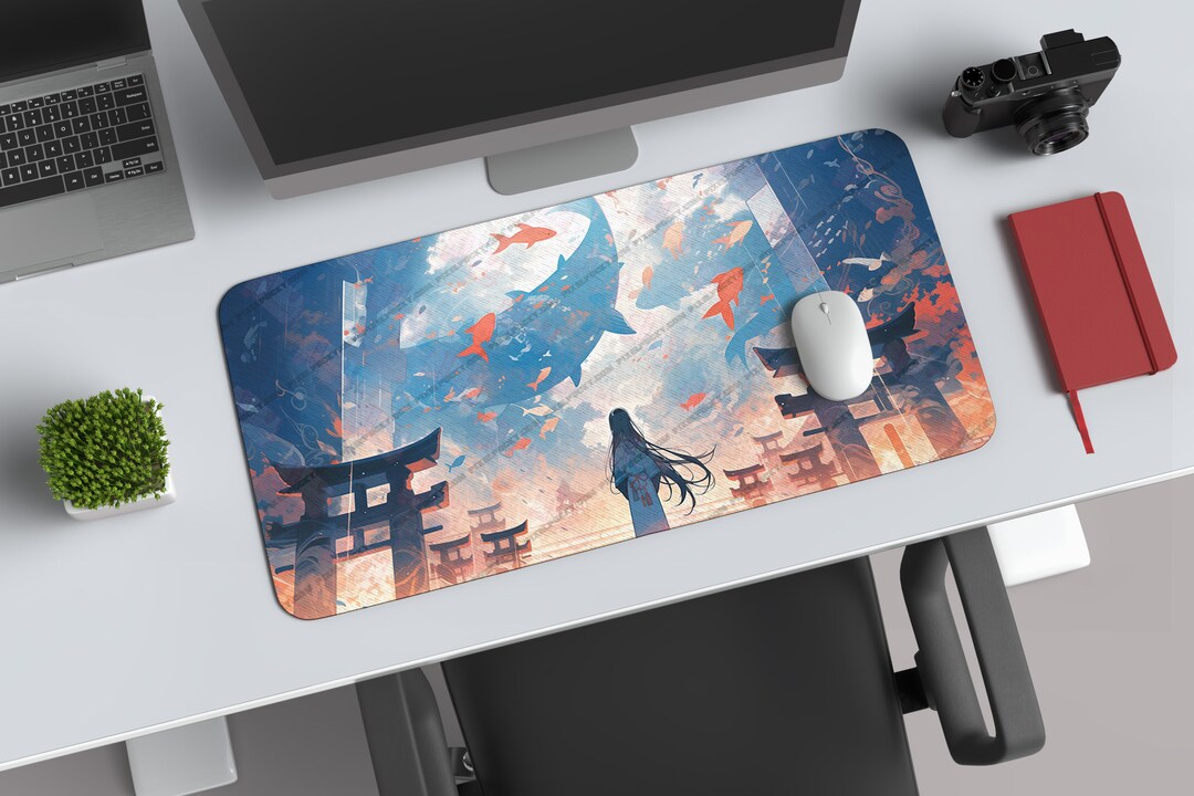 Tranquil Koi Pond Desk Mat Serene Shrine View Workspace Pad, Japanese ...