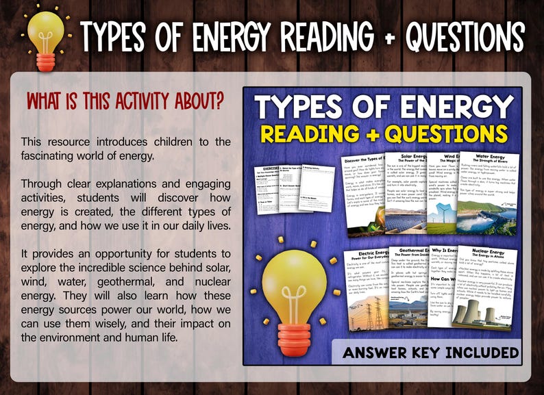 Types of Energy Reading Comprehension Passage Questions Forms of Energy ...