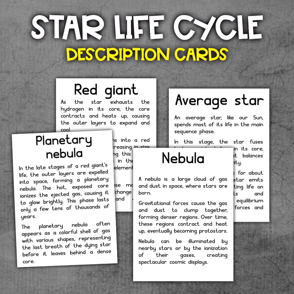 Star Life Cycle Montessori 3 Part Cards | Pictures + Description | Life ...