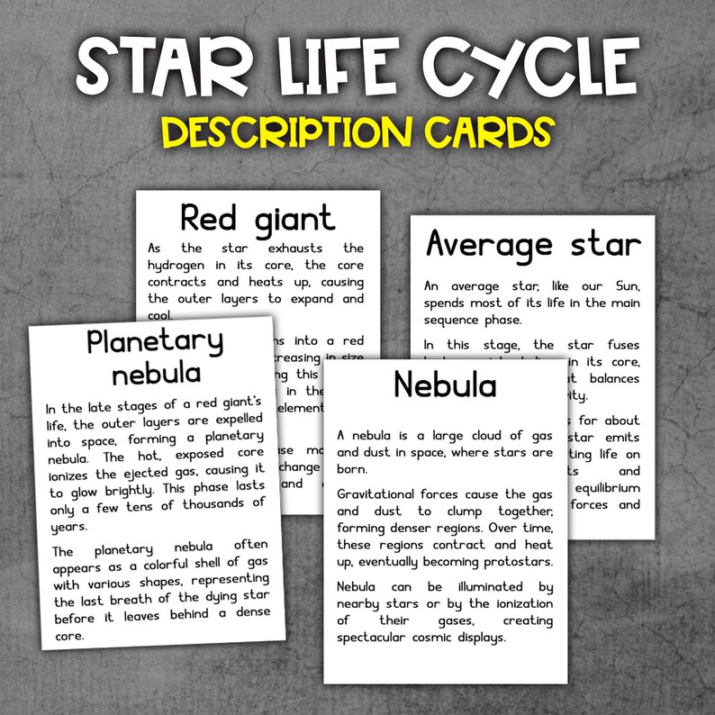 Star Life Cycle Montessori 3 Part Cards | Pictures + Description | Life ...