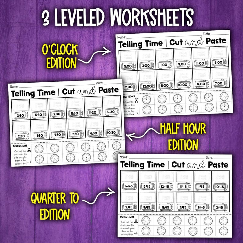 Telling Time Matching Worksheets | Cut & Paste Practice | Analog and ...