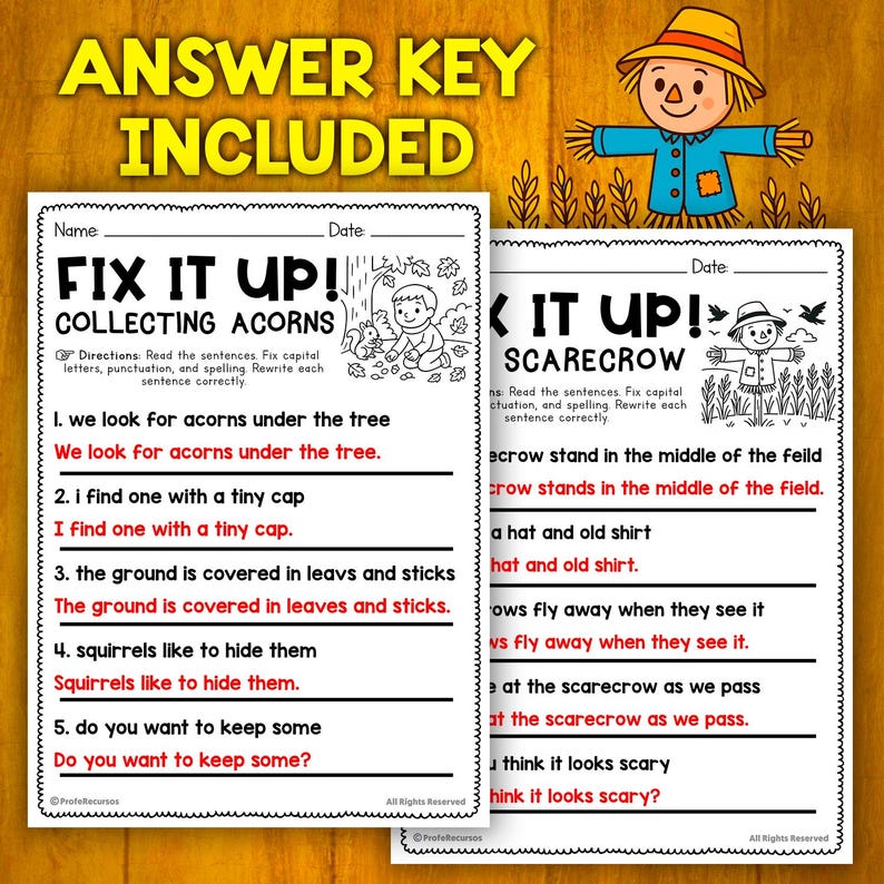 Fall Writing Activities | Fix It up Sentences | Capitalization and ...