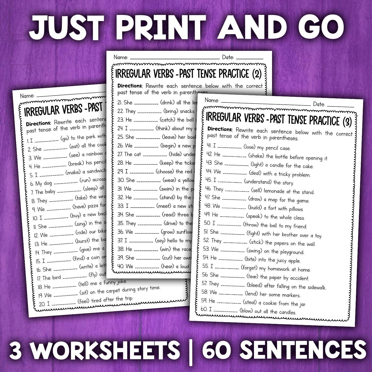Irregular Verbs Past Tense Worksheets Activity | Irregular Past Tense ...