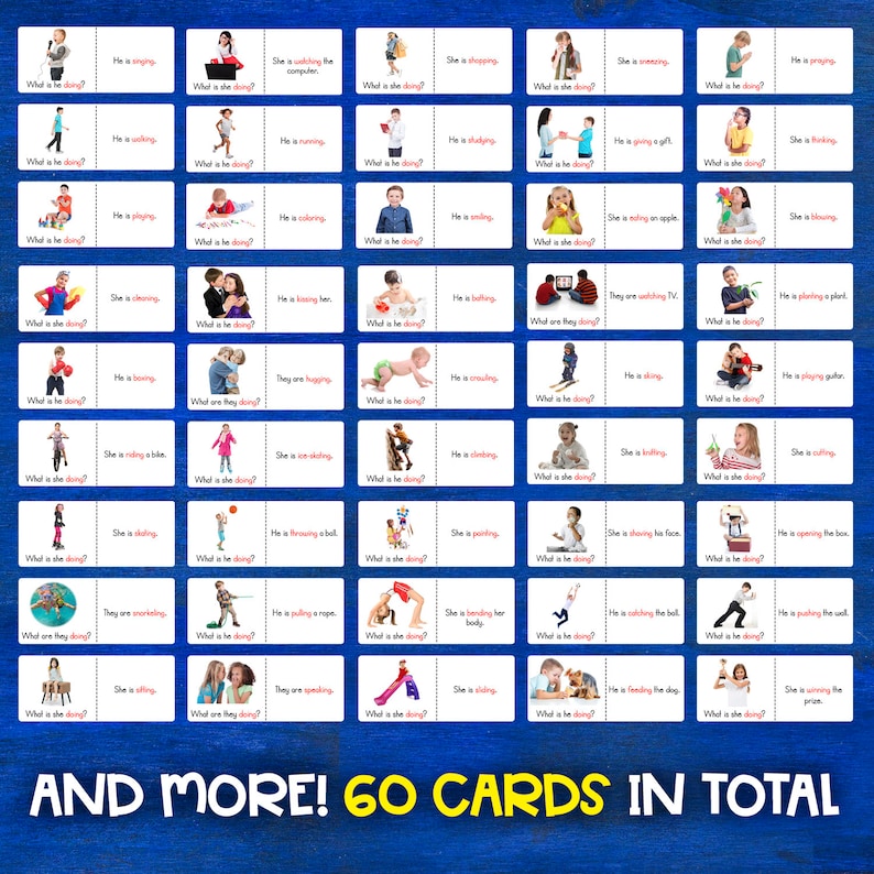 Present Continuous Matching Cards Game | Action Verbs Cards Game | ESL ...