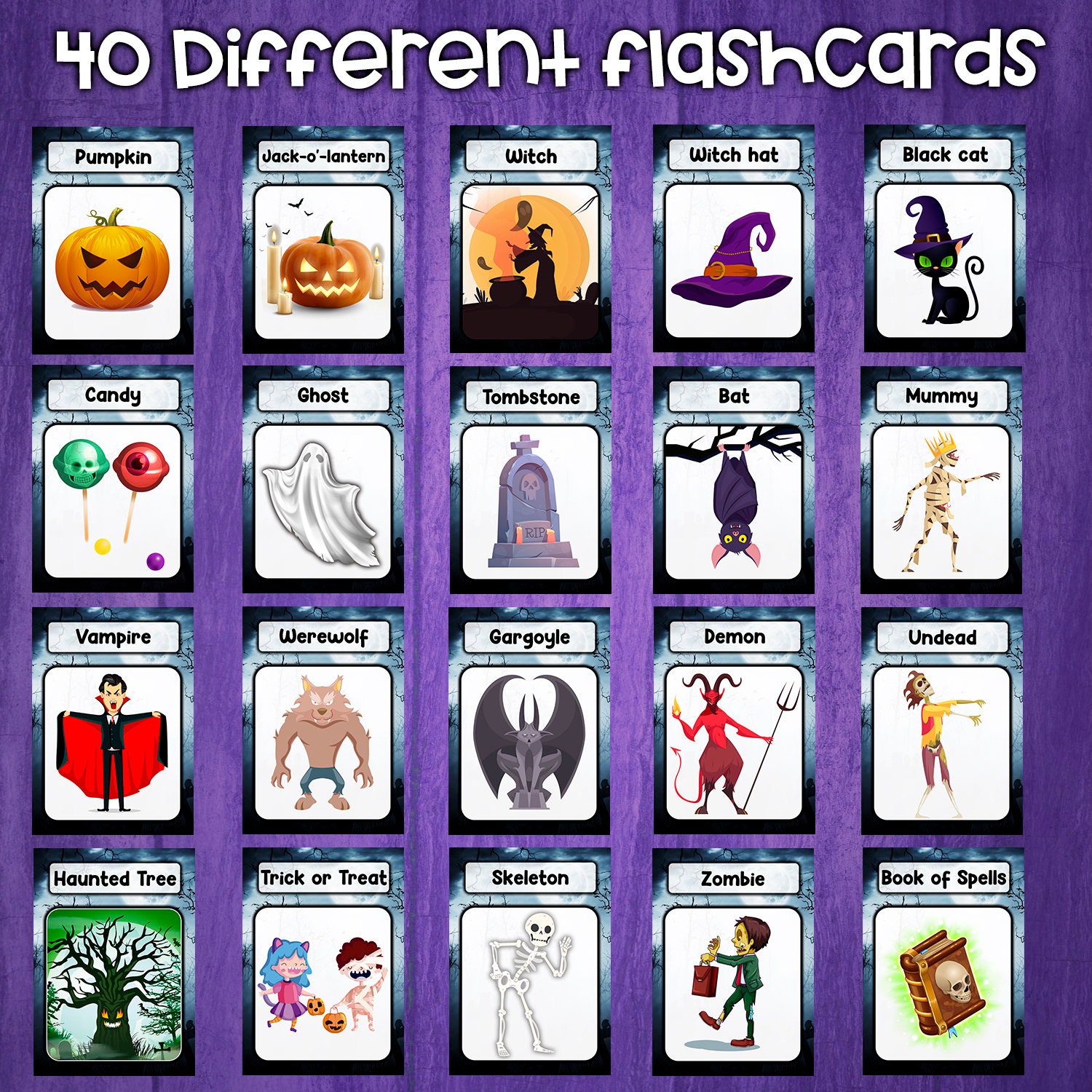 Halloween Flashcards | 40 Halloween Vocabulary Cards - Etsy