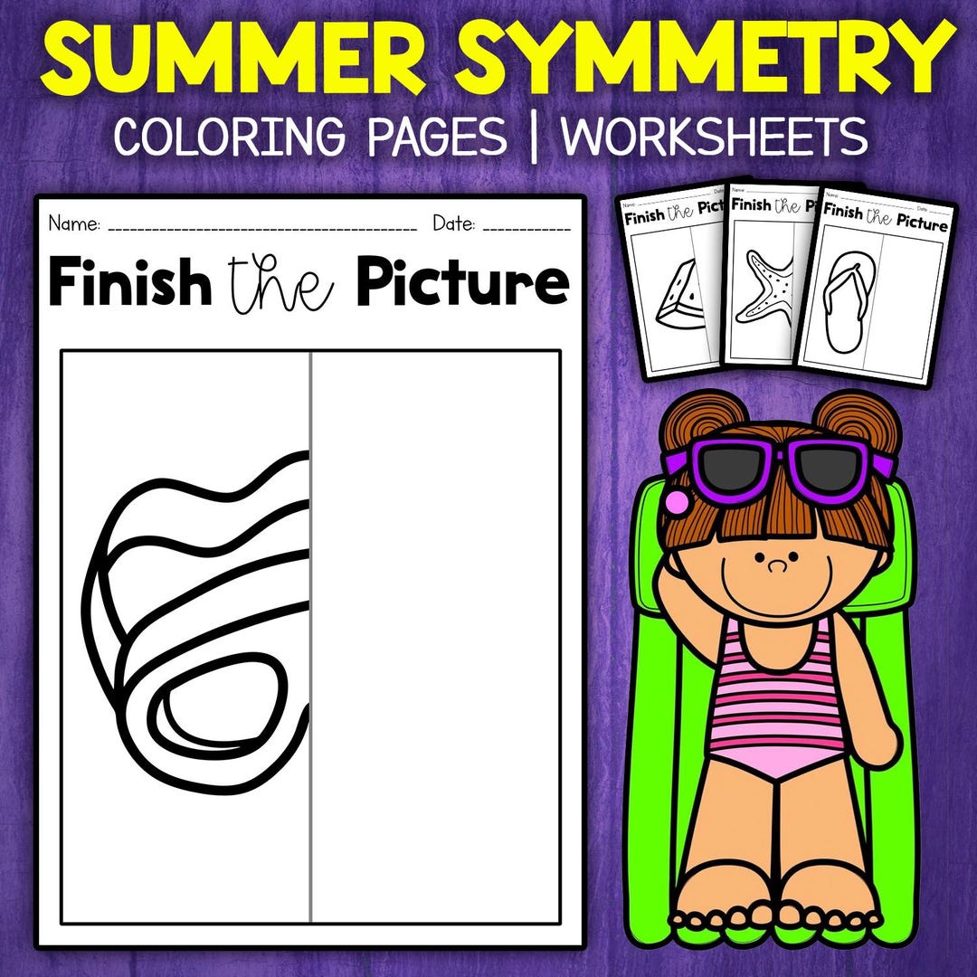 Summer Symmetry Art Drawing Worksheets Coloring Pages | End of the Year ...