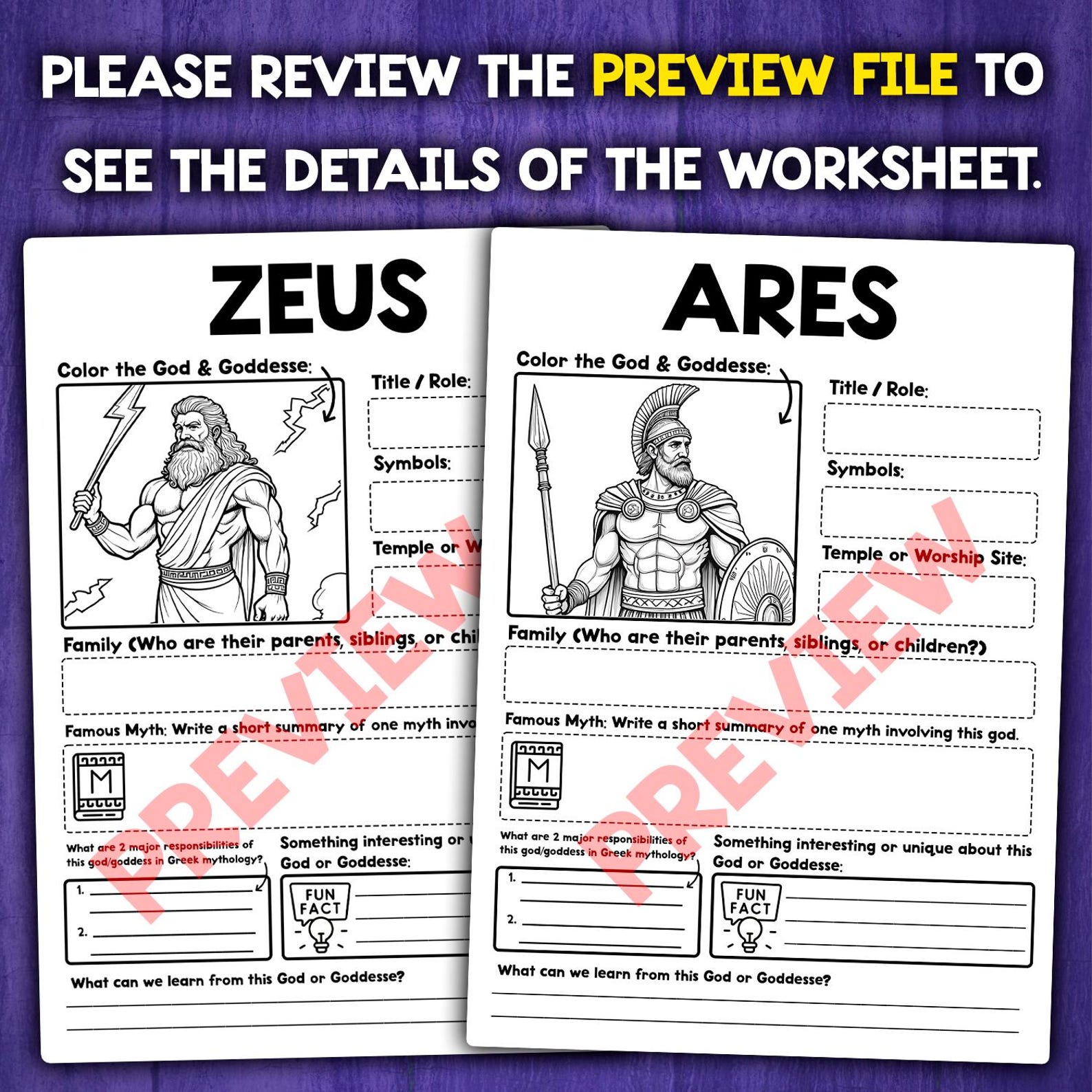 Greek Gods & Goddesses Activity Worksheets | Greek Mythology Project ...