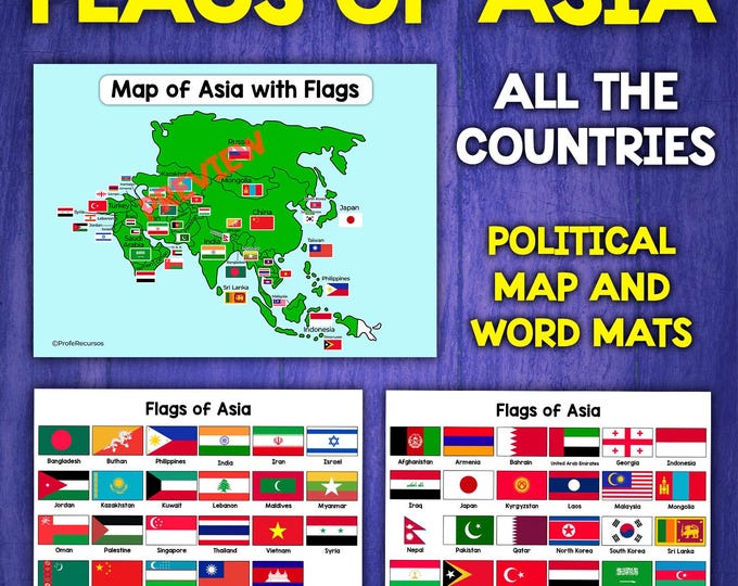 Digital Map of All Asian Countries With Their Flags and Their Capital ...