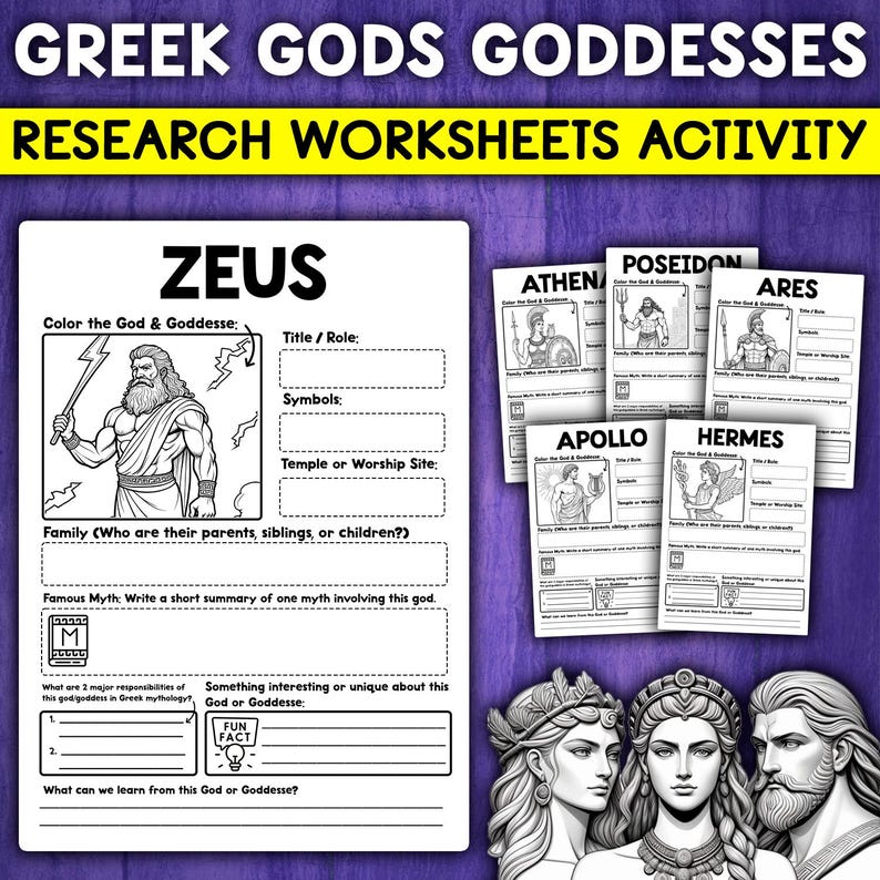 Greek Gods & Goddesses Activity Worksheets | Greek Mythology Project ...
