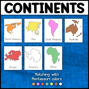 Continents Flashcards | Montessori Continents 3-PART Cards - Etsy