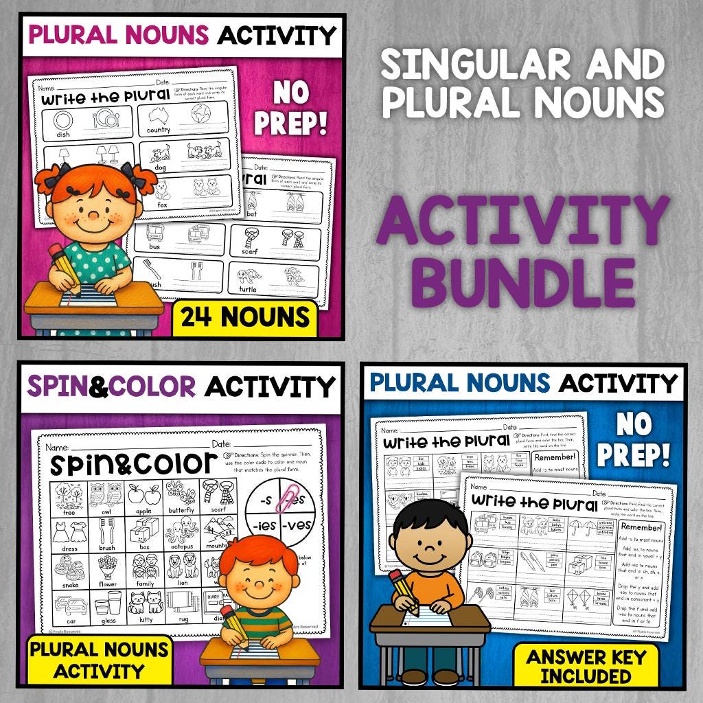 Singular and Plural Nouns Activity Bundle | Regular Plural Nouns ...