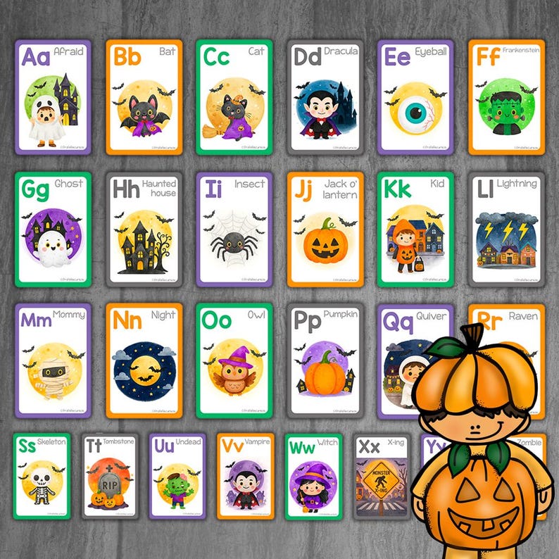 Halloween Alphabet Flashcards | A to Z Vocabulary Cards for Kids | ABC ...
