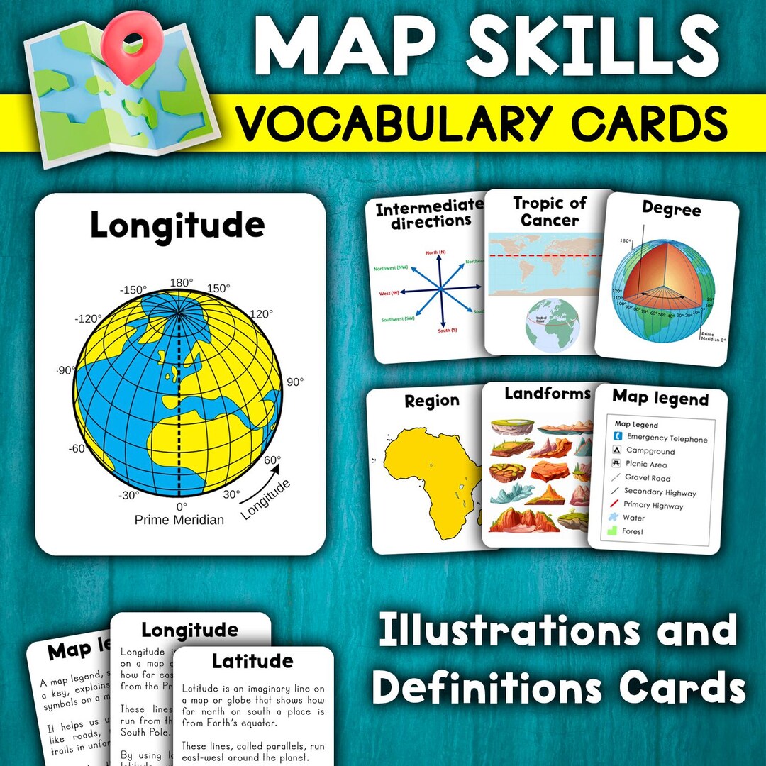 Map Skills Vocabulary Cards | Map Features Flashcards | Geography ...