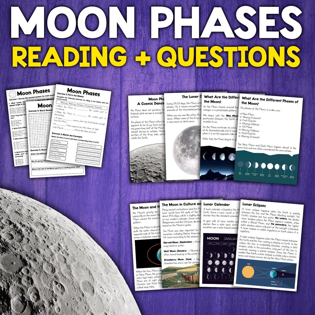Phases of the Moon Reading Comprehension Passages + Questions Activity ...