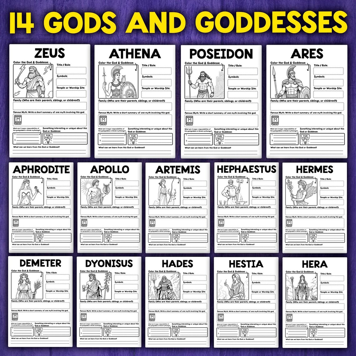 Greek Gods & Goddesses Activity Worksheets | Greek Mythology Project ...