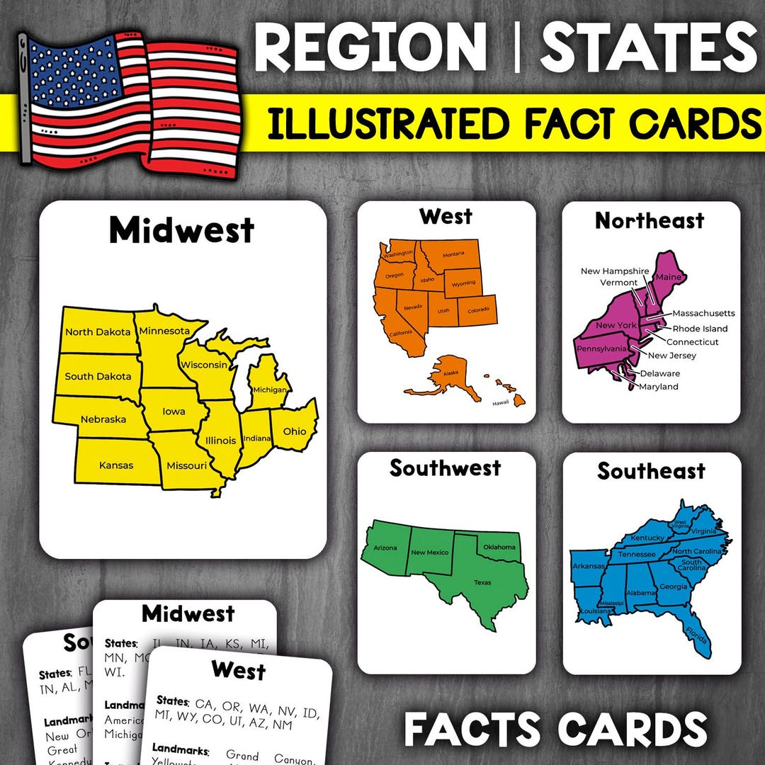 US Regions & States Flashcards | MAPS and FACTS Cards | Regions of the ...
