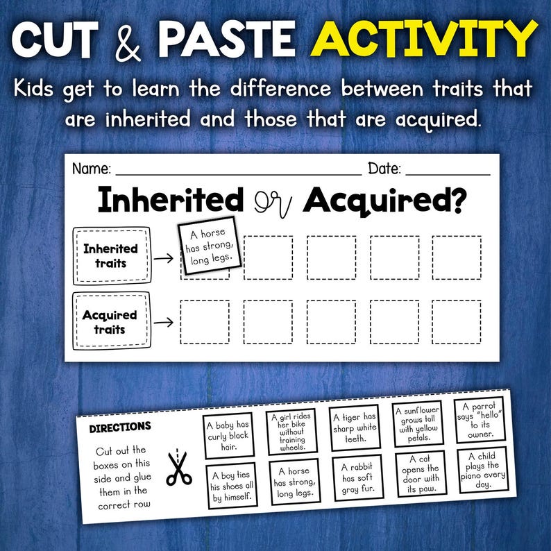 Inherited & Acquired Traits Card Sort Activity | Cut and Paste Activity ...