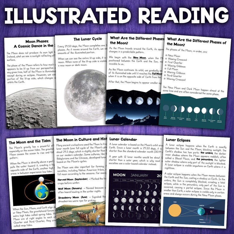 Phases of the Moon Reading Comprehension Passages + Questions Activity ...