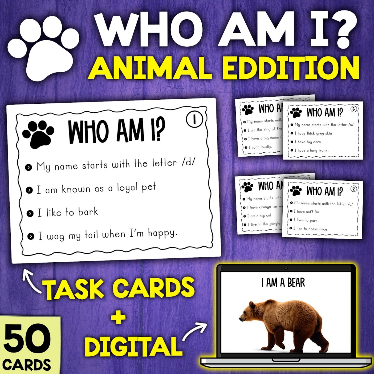 Who Am I Activity | Animals Version | Animal Guessing Task Cards Game ...