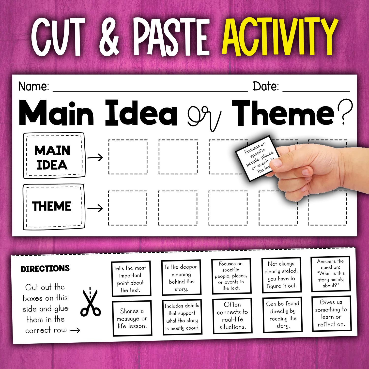 Main Idea and Theme Sorting Activity | Main Idea and / Vs Theme | Cut ...