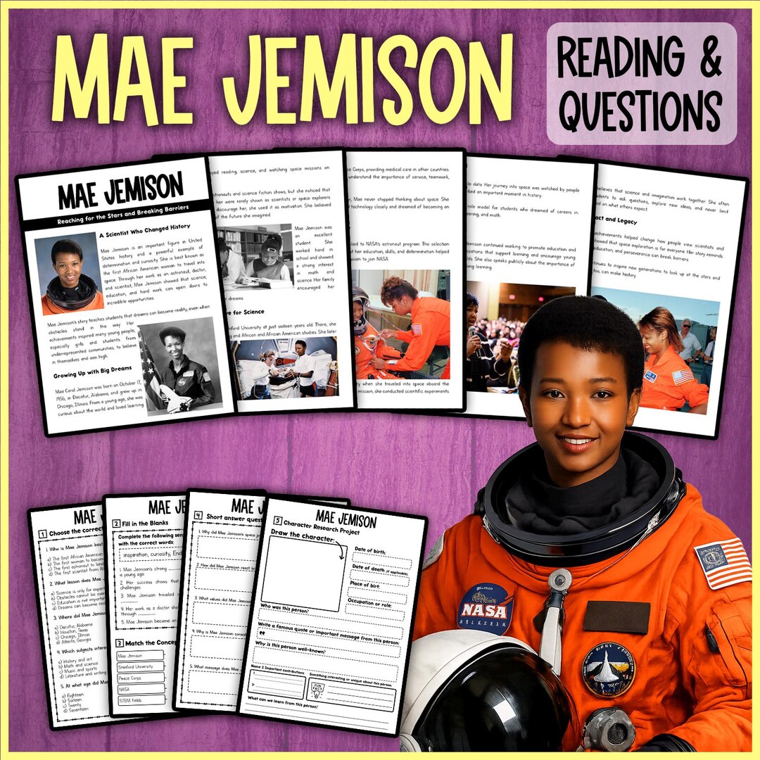 MAE JEMISON Reading Comprehension + Worksheets | Black History Month ...