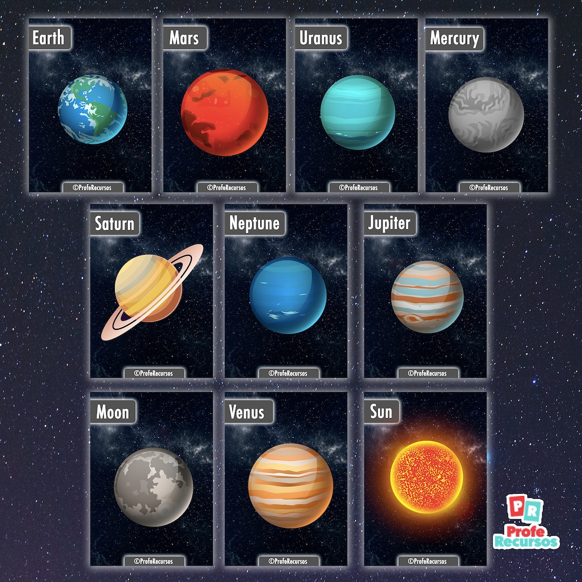 Flashcards of the Planets in English - Etsy